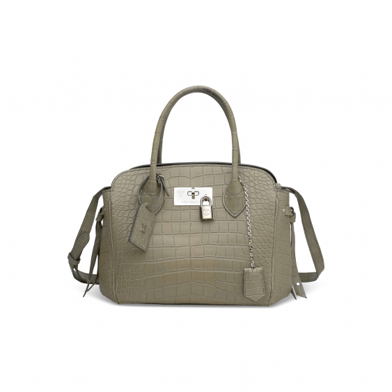 A MATTE DARK OLIVE GREEN ALLIGATOR MILLA BAG WITH SILVER HARDWARE